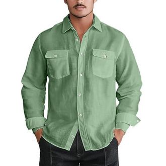 Generic Chemise d&eacute;t&eacute; en coton et lin pour homme avec poches en coton et lin - Chemise d&eacute;contract&eacute;e blanche &agrave; manches longues - Couleur unie - Col de chemise d