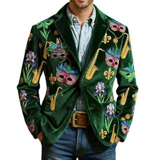 Generic Veste de costume pour homme en velours c&ocirc;tel&eacute; imprim&eacute; multicolore - Costume de carnaval - Motif Mardi Gras - Blazer - Tenue de f&ecirc;te - Vintage - Veste 