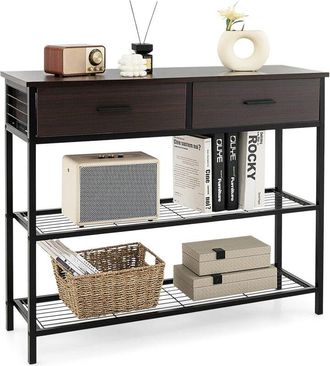 Costway Table Console &agrave; 2 niveaux, 2 Tiroirs - 100 x 30 x 81,5 CM,Style Industriel. Cadre en M&eacute;tal, Meuble d Entr&eacute;e Marron Rustique - Costway