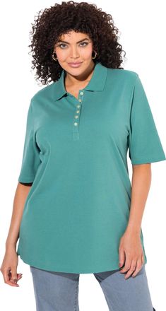 Ulla Popken Damen große Größen Übergrößen Plus Size Poloshirt, Piqué, Polokragen, Samt-Knopfleiste, Halbarm