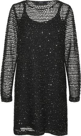 Vero Moda Damen VMLEILANI New LS O-Neck Short Dress Minikleid, Black/Detail:W. Silver Sequins, X-Small