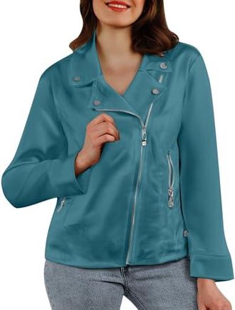 Generic 2026 Vestes pour femmes, veste de moto, style classique asym&eacute;trique, fermeture &eacute;clair, ceintures &agrave; boucle, plusieurs poches, bleu, XXL