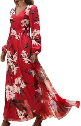 Onsoyours Robe Maxi Femme Col en V Longue Imprim&eacute; Florale Taille Haute Robes De Soir&eacute;e El&eacute;gante Manches Longues Plage Casual Swing Party Robe A Rouge XXL