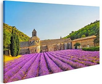Islandburner Tableau sur Toile Abbaye de S&eacute;nanque et rang&eacute;es de Fleurs de Lavande au Coucher du Soleil Cadre Affiche Poster Murale Tableaux