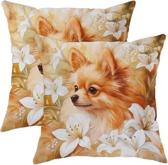 Generic Zwergspitz-Kissenbezüge, 2er-Set, beige mit floralem Tier, saisonale Heimdekoration für Couch, Sofa, Bett, niedliche Tier-Kissenbezüge, 40,6 x 40,6 cm