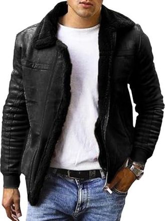 Generic Blouson aviateur en laine dagneau pour homme avec col en fourrure &eacute;paisse et chaude en similicuir Sherpa doubl&eacute; en polaire, Noir/blanc, XL