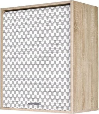 Les Tendances Meuble mural de cuisine chêne clair à rideau imprimé vagues grises Couna L 60 x H 72cm