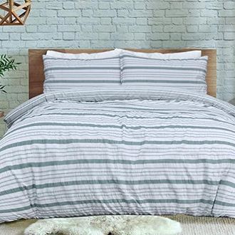 Sleepdown Gestreiftes Seersucker-Wende-Bettwäsche-Set, weich, pflegeleicht, King-Size-Bettbezug, 230 x 220 cm, Grün/Weiß