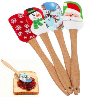 BESTONZON Bestonzon 4pcs Teigschaber Weihnachten Silicone Spatulas Christmas Theme Spatulas Wooden Handle Cake Cream Scrapers Silikon Gummispatel Weihnachtsmoti