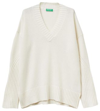 Benetton Damen Maglia Scollo V M/L 1244d403a Pullover, Wei&szlig;, XL