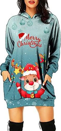 Generic Robe De No&euml;l Femme Chic Rigolo Sweat Longue avec Capuche Ample &Agrave; Manches Longues Poche Pullover Sweat Noel Wapiti Imprim&eacute; Hiver Chaude Vintage Costume