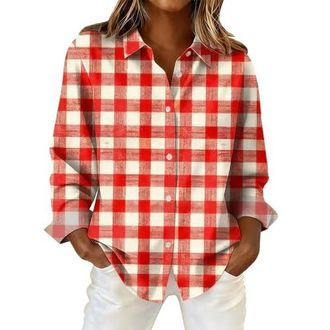 Generic Chemise d&eacute;contract&eacute;e &agrave; carreaux pour femme - Couleur contrast&eacute;e - Automne et hiver - Imprim&eacute; &agrave; carreaux - Taille S - Chemises &agrave; manches mi-longues, Ro