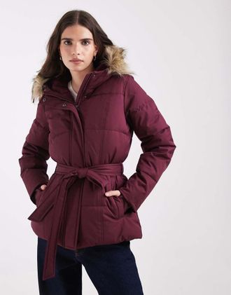 Hollister doudoune ceintur&eacute;e avec capuche en faux-fur couleur berry-Rouge