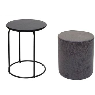 Hhg 2er-Set Sitzhocker und Beistelltisch HHG 410, Kaffeetisch Tisch Hocker, MVG-zertifiziert mdf Metall Kunstleder schwarz
