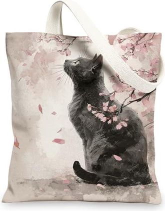 Generic Sacs fourre-tout en toile pour chat, motif floral artistique, sacs à provisions réutilisables, vintage légers et lavables avec bandoulière Ca, noir, 1