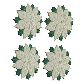 Angoily 4 St&uuml;ck Tischsets mit Besticktem Weihnachtsstern 40cm Platzsets aus Silberwei&szlig;em Leinen mit Schwammf&uuml;llung Isolierende Tischunterlagen f&uuml;r Festliche T