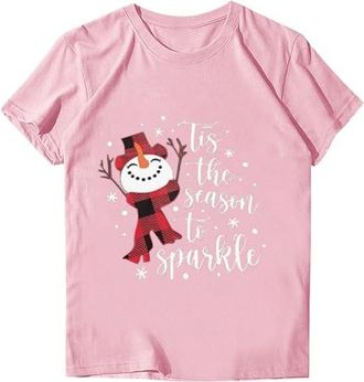 Generic T-shirt de No&euml;l pour femme bonhomme de neige d&eacute;contract&eacute; col rond imprim&eacute; arbre de No&euml;l manches courtes, Rose, XXL