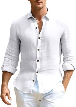 Generic Chemise formelle en lin &agrave; manches longues pour homme - Chemise boutonn&eacute;e en lin - Coupe ajust&eacute;e - Style d&eacute;contract&eacute; - Blanc - Col en V - T-shirt pour 