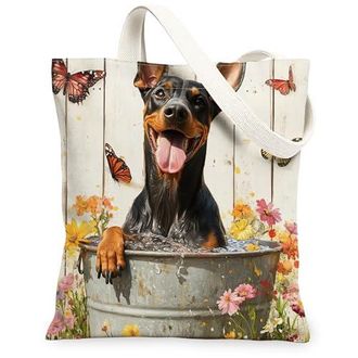 Generic Sac fourre-tout en toile motif doberman printanier pour faire du shopping, 33 x 38,1 cm, joli sac &agrave; bandouli&egrave;re r&eacute;utilisable en bois de fleur rustique