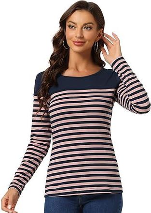 Allegra K Femmes Chemise col Rond Longue Bateau rayé T-Shirt Tops Bleu Rose XS