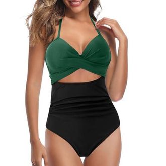 Generic Maillot de bain une pi&egrave;ce pour femme, contr&ocirc;le du ventre, couleur unie, maillot de bain d&eacute;t&eacute; basique imprim&eacute;, maillot de bain vintage pour femme, vert