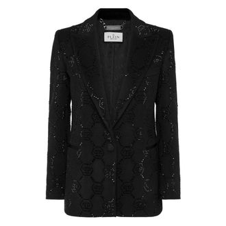 Philipp Plein Femme, Vestes, Noir, Taille: 46 FR Wool Boxy Blazer Strass Monogram