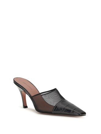 Amina Muaddi Womens Jamie Mesh Mules Black+black Calf Leather Bos Taurus Pumps High Heel Shoes