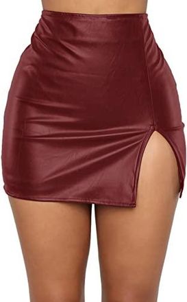 Feoya Femmes Filles Jupe Courte en Cuir PU Cuir Haute Taille plissé Skieur Robe De Fête Costume de Club Mini Jupe