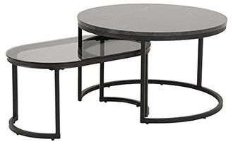 AC Design Furniture Spencer Lot de 2 Tables Basses pour Salon, Table Effet Marbre Verre avec Cadre en M&eacute;tal, Table Basse Noire, Ensemble de Salon, Tables Gigognes Ronde &Oslash;