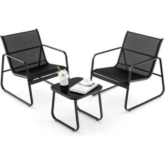 Costway Salon de Jardin 3 Pcs Tissu Respirant et Cadre M&eacute;tallique Charge 150KG, Ensemble de Meubles de Patio avec Table en Verre Tremp&eacute;, pour Cour Arri&egrave;re