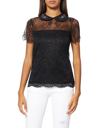 Morgan Bluse, kurz&auml;rmlig, Spitze, Schlitz, Schwarz, Gr&ouml;&szlig;e XL