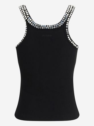 Pinko Womens Ribbed Top With Jewel Embroidery, Black Cotton Tops