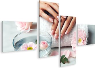 Islandburner Bild auf Leinwand Elegante Hände mit französischer Maniküre und rosa Blumen Spa Nail Nagel Studio Bilder Wandbilder Poster