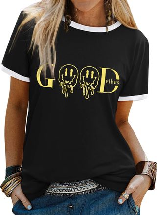 Dresswel Damen Good Vibes T-Shirt Smile Druck Tshirts Rundhals Kurzarm Oberteile Sommer Tops Tee Shirts