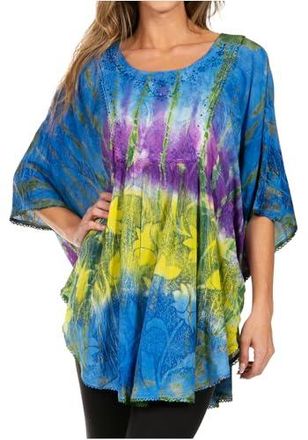 Sakkas 14031 - Ellesa Ombre Cravate Dye Circle Poncho Blouse Chemise avec Broderie de Paillettes - Bleu - OS