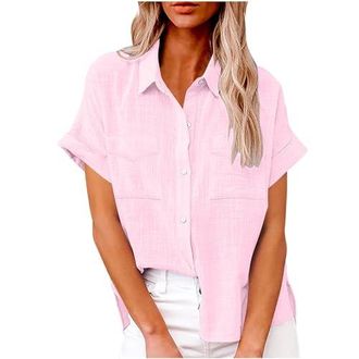 Generic Chemisiers en coton et lin pour femme 2026 boutonn&eacute;s enroulables &agrave; manches courtes T-shirt de plage d&eacute;contract&eacute; ample avec double poches, rose, XXL
