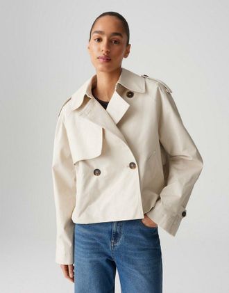 OPUS Trenchcoat HAWENA aus nachhaltigem Baumwollmix geraffter Ballon-Saum, zweireihige Knopfleiste, Schulterriegel