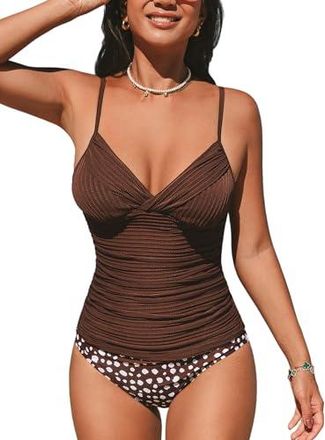 Cupshe Tankini 2 pièces pour femme - Col en V - Bretelles spaghetti réglables - Taille mi-haute texturée, Marron/pois blancs, Taille M