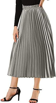 Allegra K Jupe pliss&eacute;e en accord&eacute;on m&eacute;tallis&eacute; Brillant &agrave; Taille &eacute;lastique mi-Longue pour Femmes Gris Argent&eacute; XL