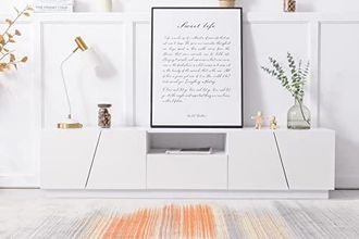 Merax Meuble TV bas moderne, blanc, 170 cm, avec 2 casiers et 1 tiroir, finition brillante, pour salon et salle &agrave; manger, style patchwork biseaut&eacute;, 170 x 37