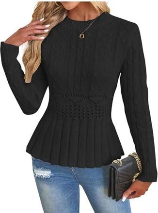 Generic Haut en tricot &eacute;pais &agrave; col rond et manches longues pour femme, pull surdimensionn&eacute;, doux et l&eacute;ger, Noir, XXL