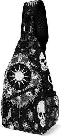 Generic Sacoche Bandouliere Tatouages gothiques dHalloween : cr&acirc;ne de corbeau, soleil et lune Antivol Sac De Poitrine L&eacute;ger Sac &agrave; Dos Militaire pour Cyclisme 