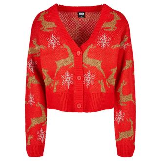 Urban Classics Strickjacke f&uuml;r Damen - weihnachtliches Design Lang&auml;rmlig (Rot/Gold)