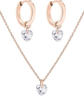 Tamaris Schmuck-Set mit Zirkonia-Stein - Halskette mit Herz-Anh&auml;nger und Creolen mit Herzanh&auml;ngern - IP Ros&eacute;gold - Ankerkette verstellbar bis 45 cm - wasserfe
