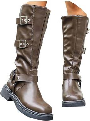 ORANDESIGNE Bottes Femme Cuir PU Botte Haute Style Motard Boots Fermeture &Eacute;clair Lat&eacute;rale et Boucles A Marrone 39 EU