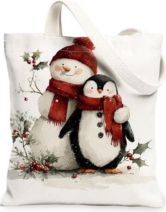 Generic Sacs fourre-tout en toile avec motif animal dhiver, motif bonhomme de neige, pingouin, sacs r&eacute;utilisables, sacs de vacances, l&eacute;gers et lavables en toi