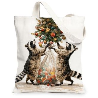 Generic Sacs fourre-tout r&eacute;utilisables en toile de raton laveur de No&euml;l, motif arbre animal, sacs d&eacute;picerie vintage, l&eacute;gers et lavables, blanc, 13x15 Inch