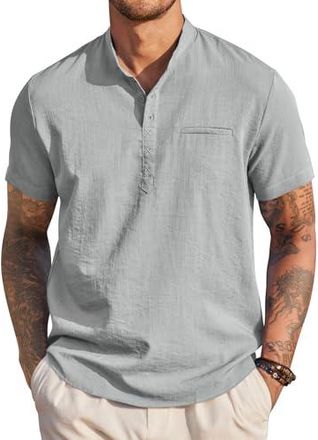 Coofandy Homme Lin Chemise DéTé à Manches Courtes Chemises Henley sans Col Chemisette avec Poche Poitrine Gauche CintréE DéContractéEs Shirt Travail Gris denfe