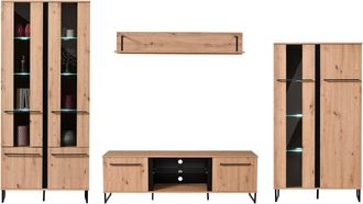Homestyle4u 2213 Wohnwand 4-teilig Komplett-Set Schrankwand Holz Eiche Wohnzimmer Anbauwand Modern Industrial Style