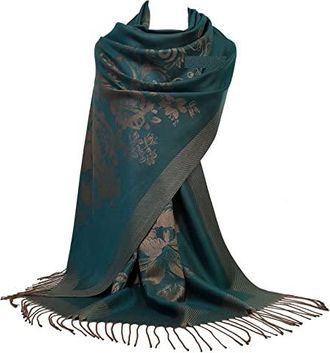 GFM Écharpe style pashmina en plumes motif cachemire floral (FRL4), bleu sarcelle-(S9-2058-tlkek)
